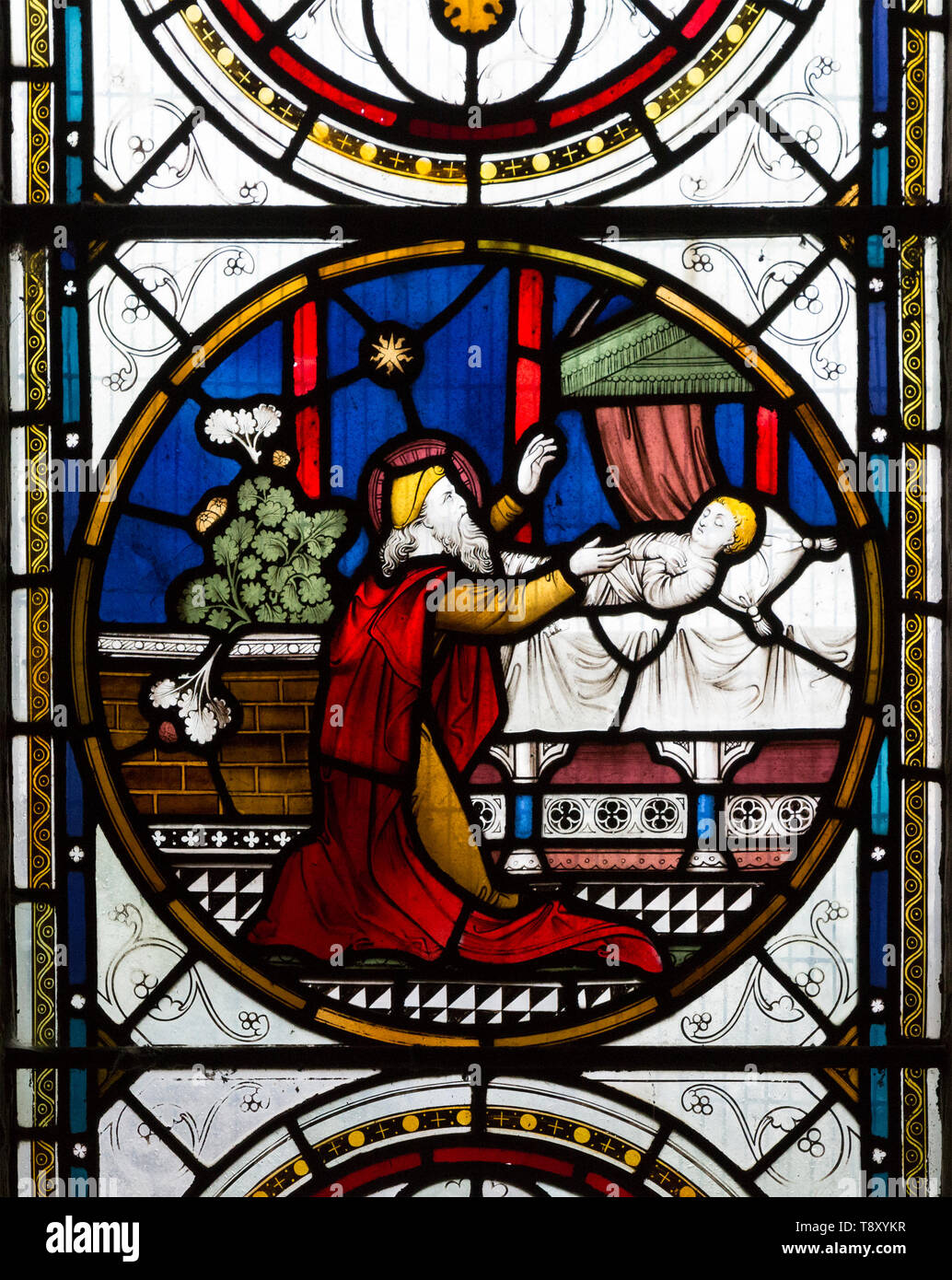 Stained glass window biblical healing scenes, raising daughter Jairus ...