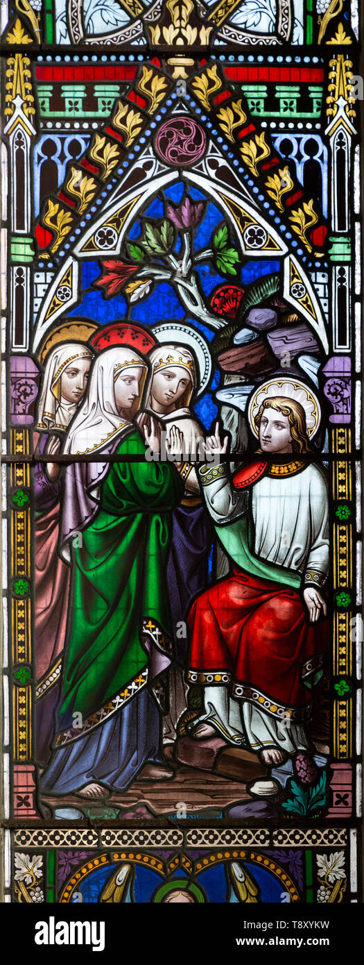 Victorian stained glass window three Marys at the tomb of Jesus Christ ...