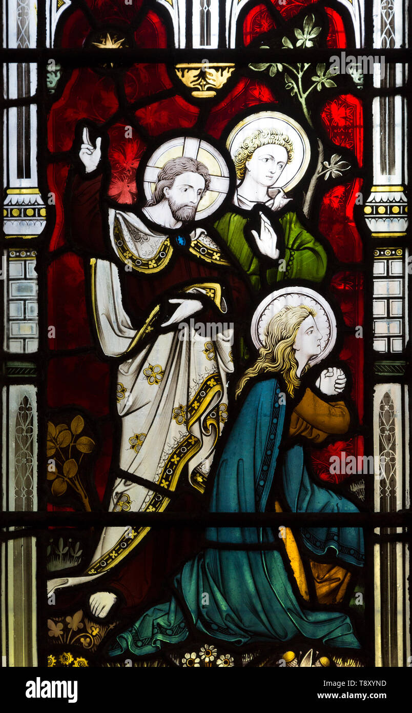 Victorian stained glass window detail of the Raising of the daughter of ...