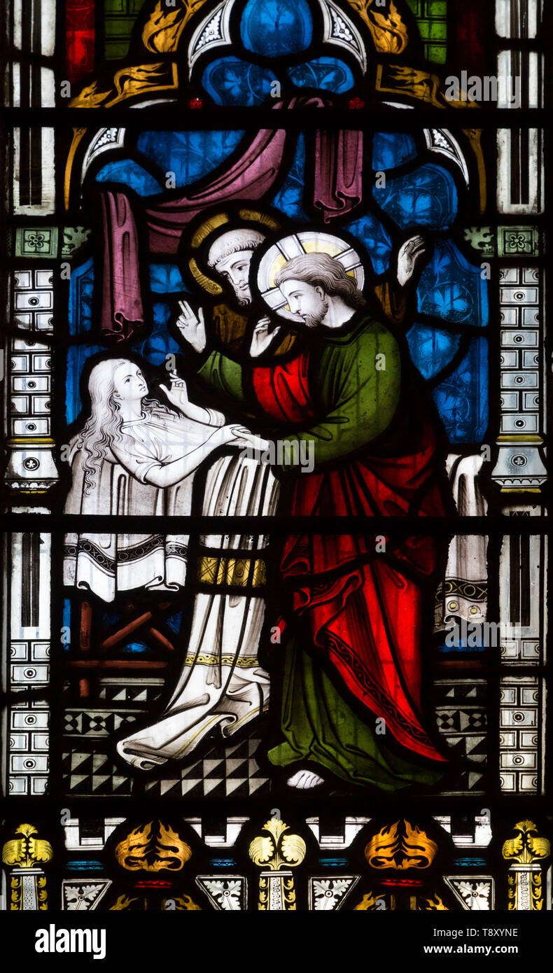 Victorian stained glass window depicting the Raising of the daughter of ...