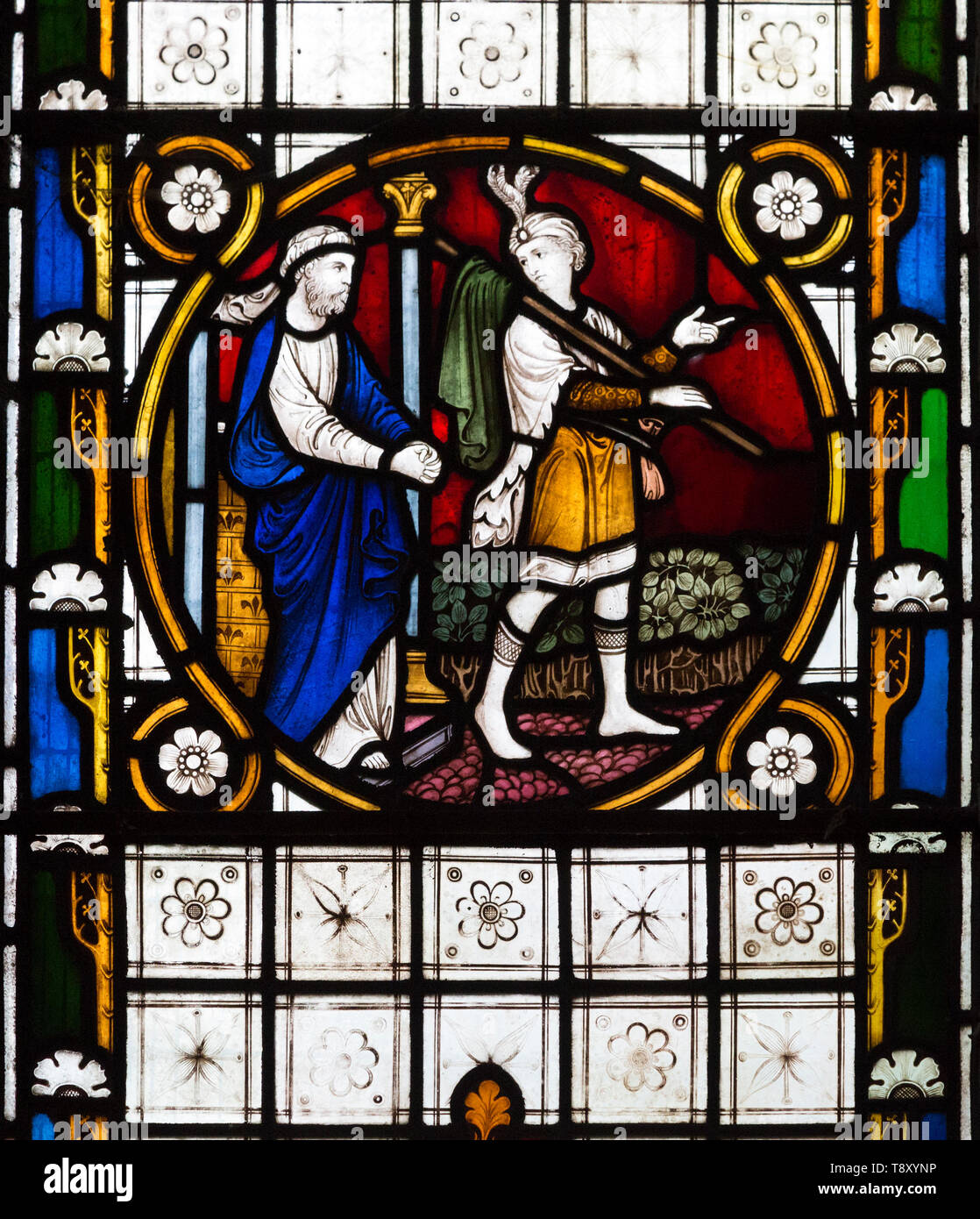 Stained glass north transept window depicting biblical scenes by ...