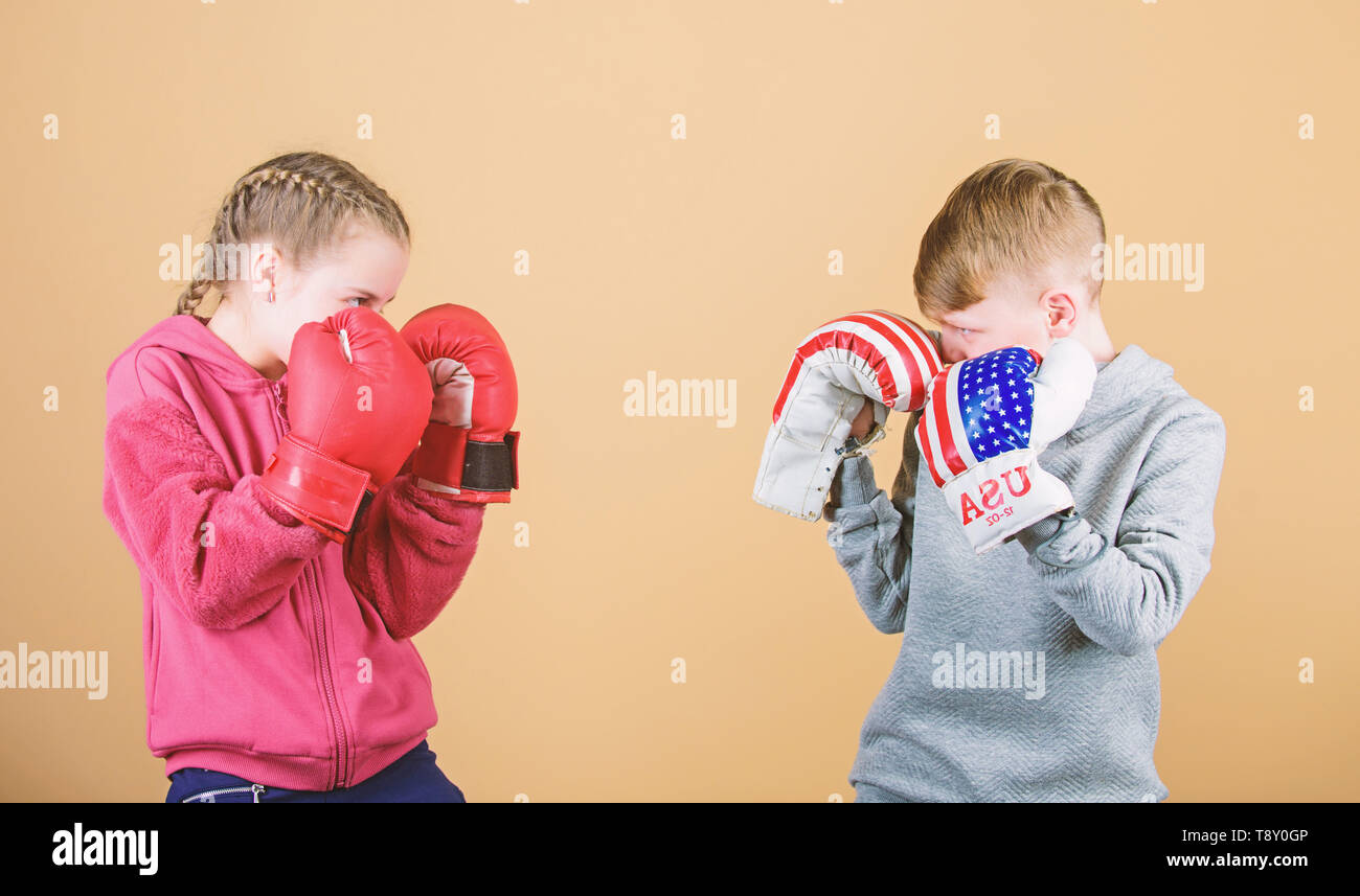 Happy children in boxing gloves. Fitness diet. energy health. punching ...