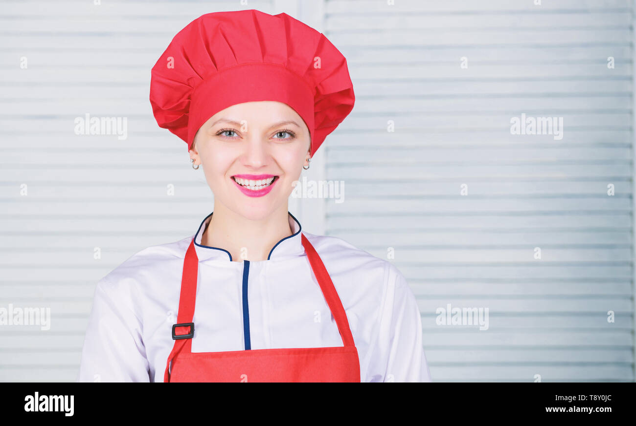 Welcome to my culinary show. Woman pretty chef wear hat and apron ...