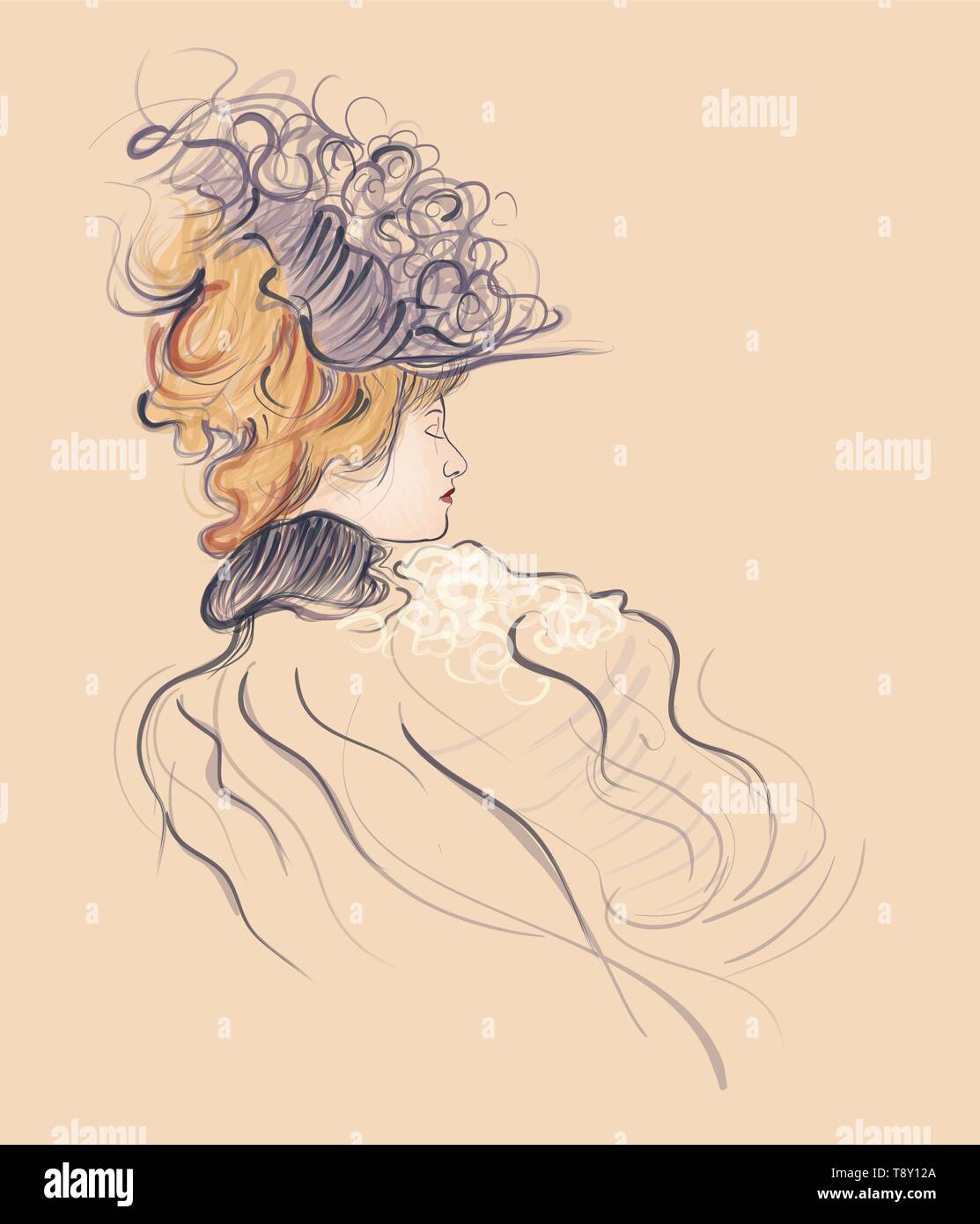 Portrait of young woman with hat, 1900 style - vector illustration (in ...