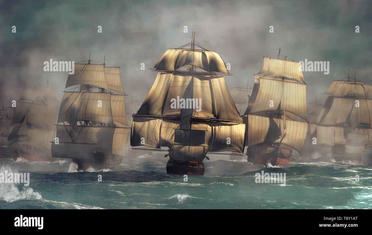 A fleet of heavily armed ships emerges from the fog. Led by the massive ...