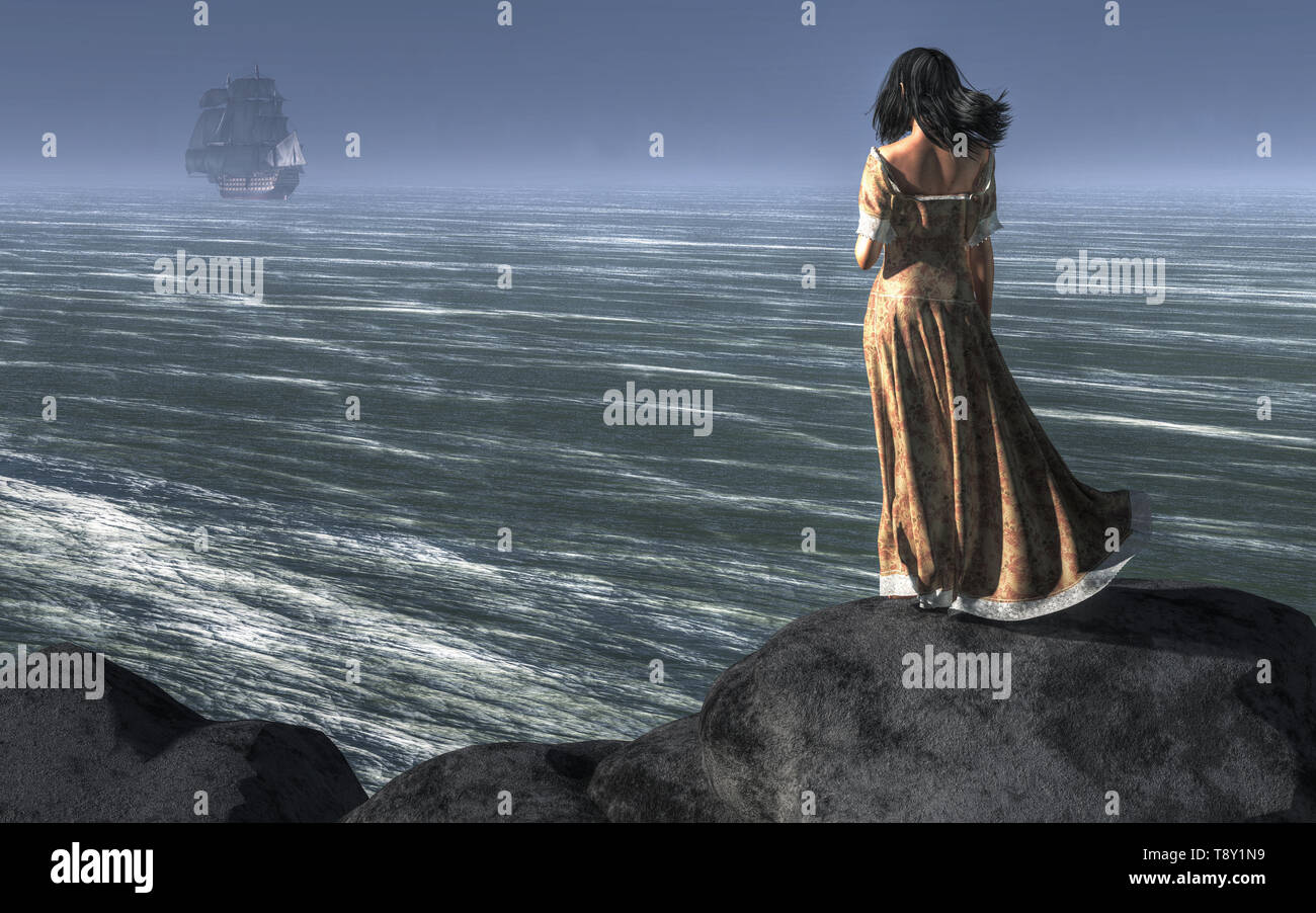 A dark haired woman stands atop a windy cliff looking out to sea. Off ...