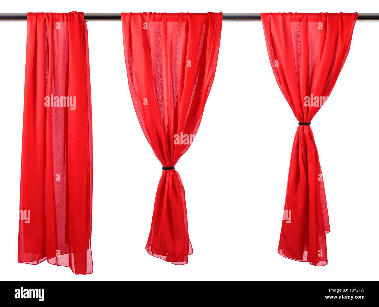 Vertical red satin curtains isolated on white background Stock Photo ...