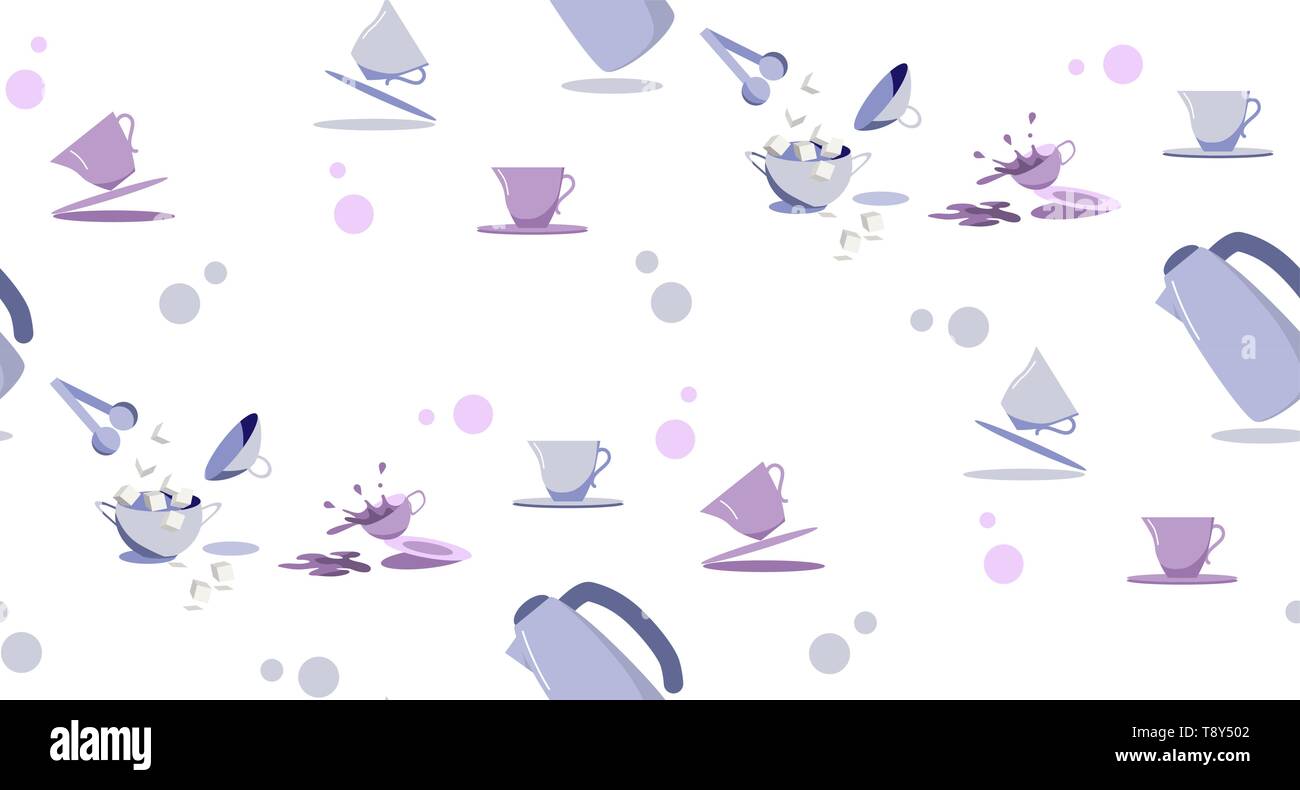 Seamless pattern with tea coffee setting in pastel colors. Dishes ...