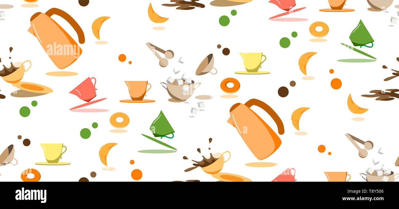 Seamless pattern with tea coffee setting in bright colors. Dishes ...