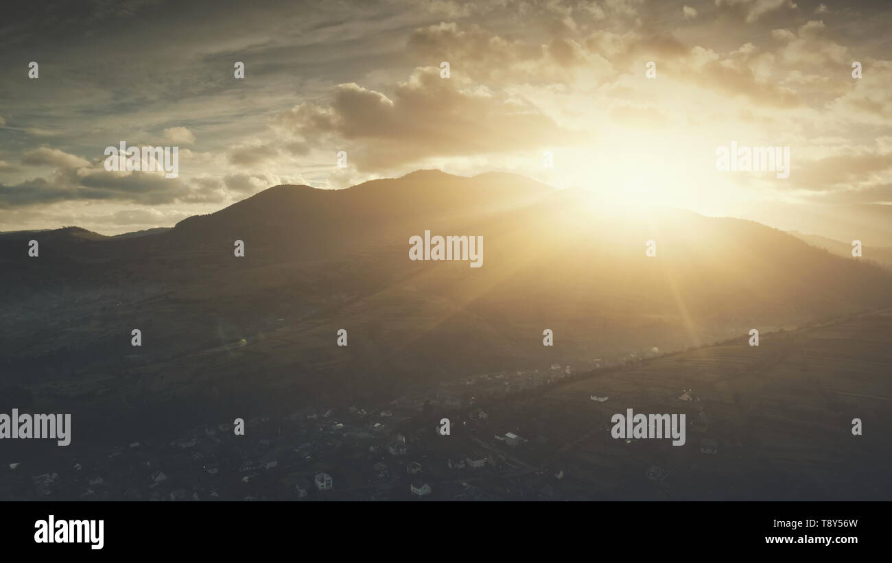 Epic Sunrise Sun Flare Mountain Village Aerial View. Morning Highland ...