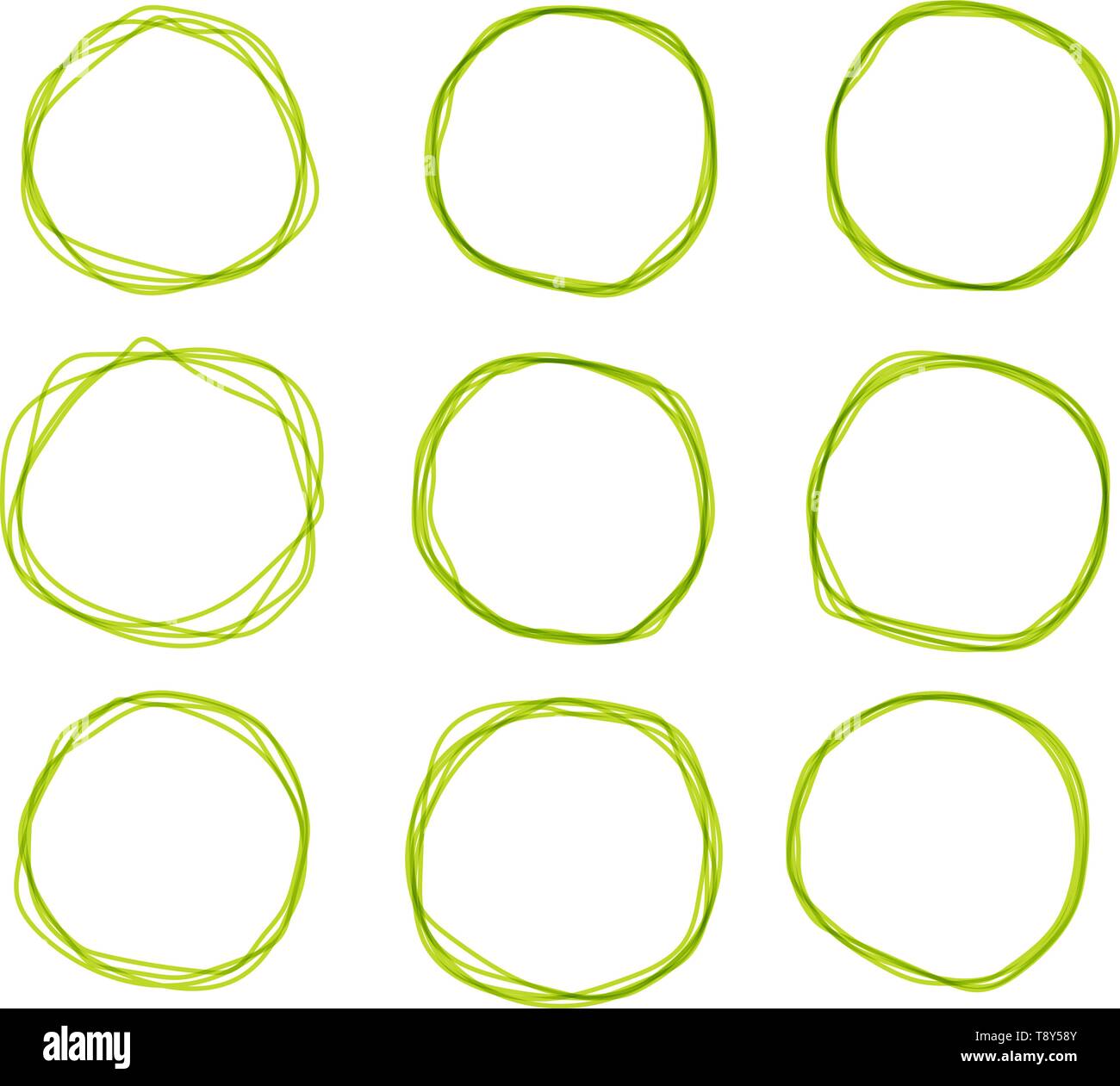 Green doodle sketched circles. Hand drawn scribble rings isolated set ...