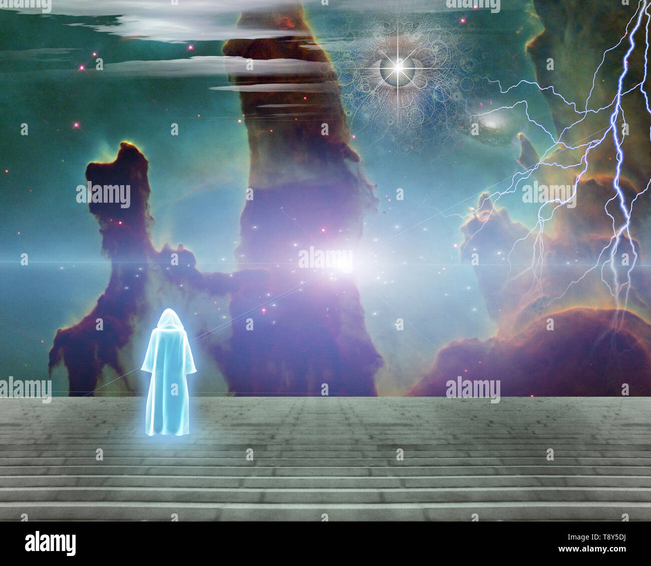 White monk in surreal landscape. All seeing eye in vivid nebulous sky ...