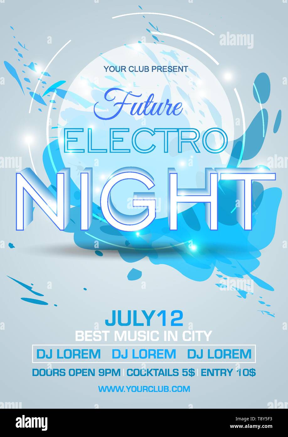 Party electro night colorful flyer template vector with blue splash ...