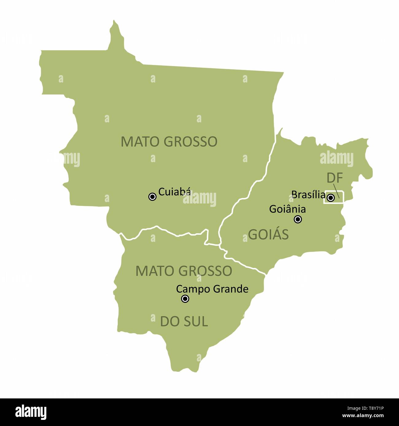 Colorful map of the Brazil center-west region isolated on white ...