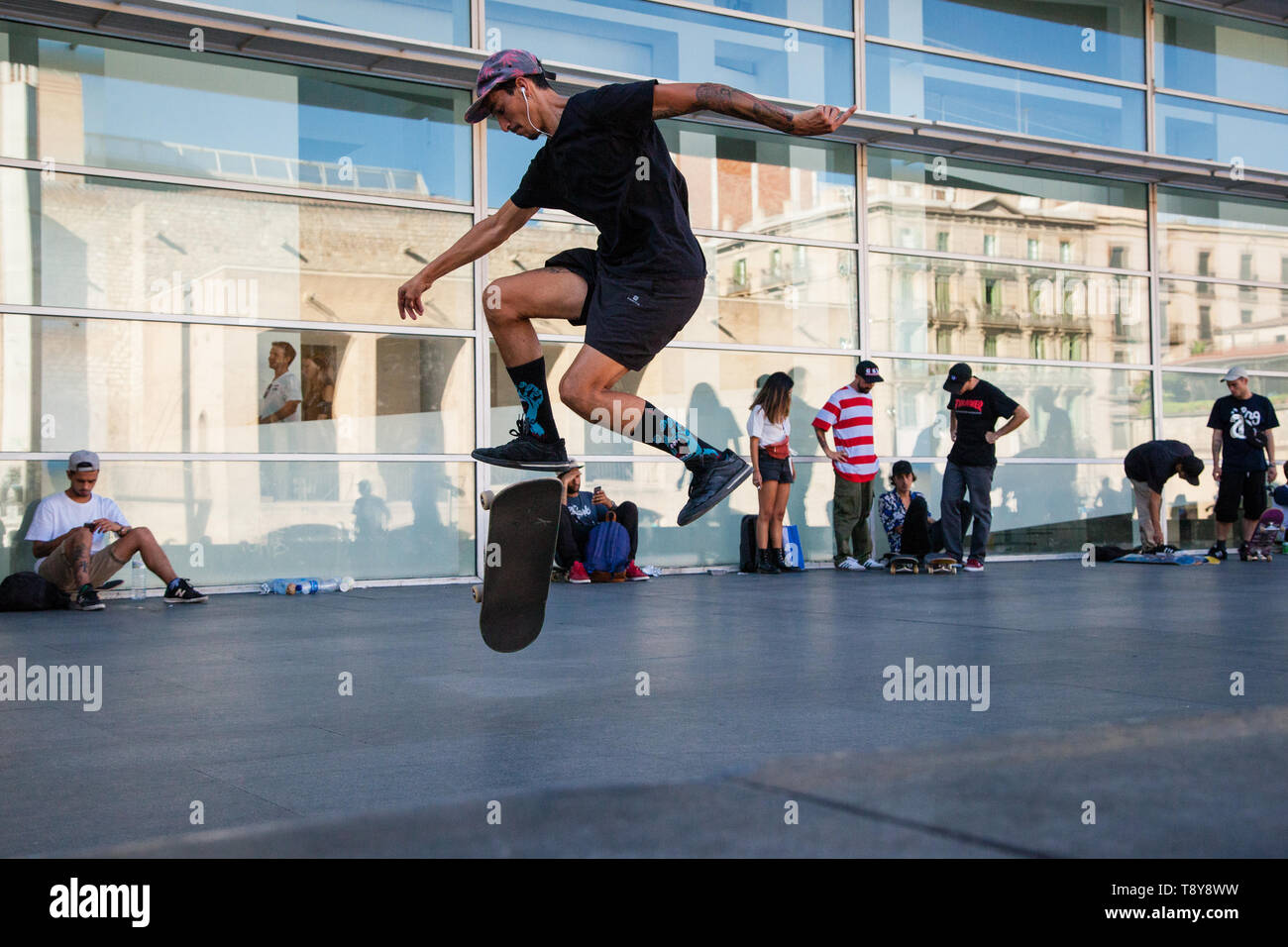 Young people skating in front of the MacBa museum, Barcelona Stock ...