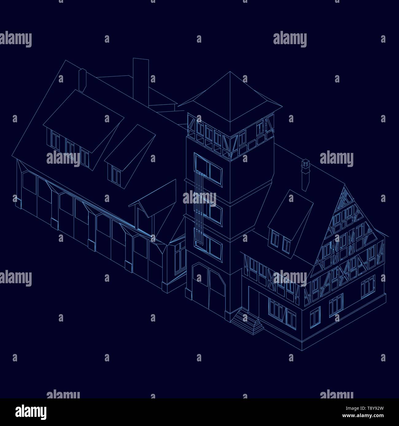 Wireframe of building of blue lines on a dark background. 3D. Isometric ...