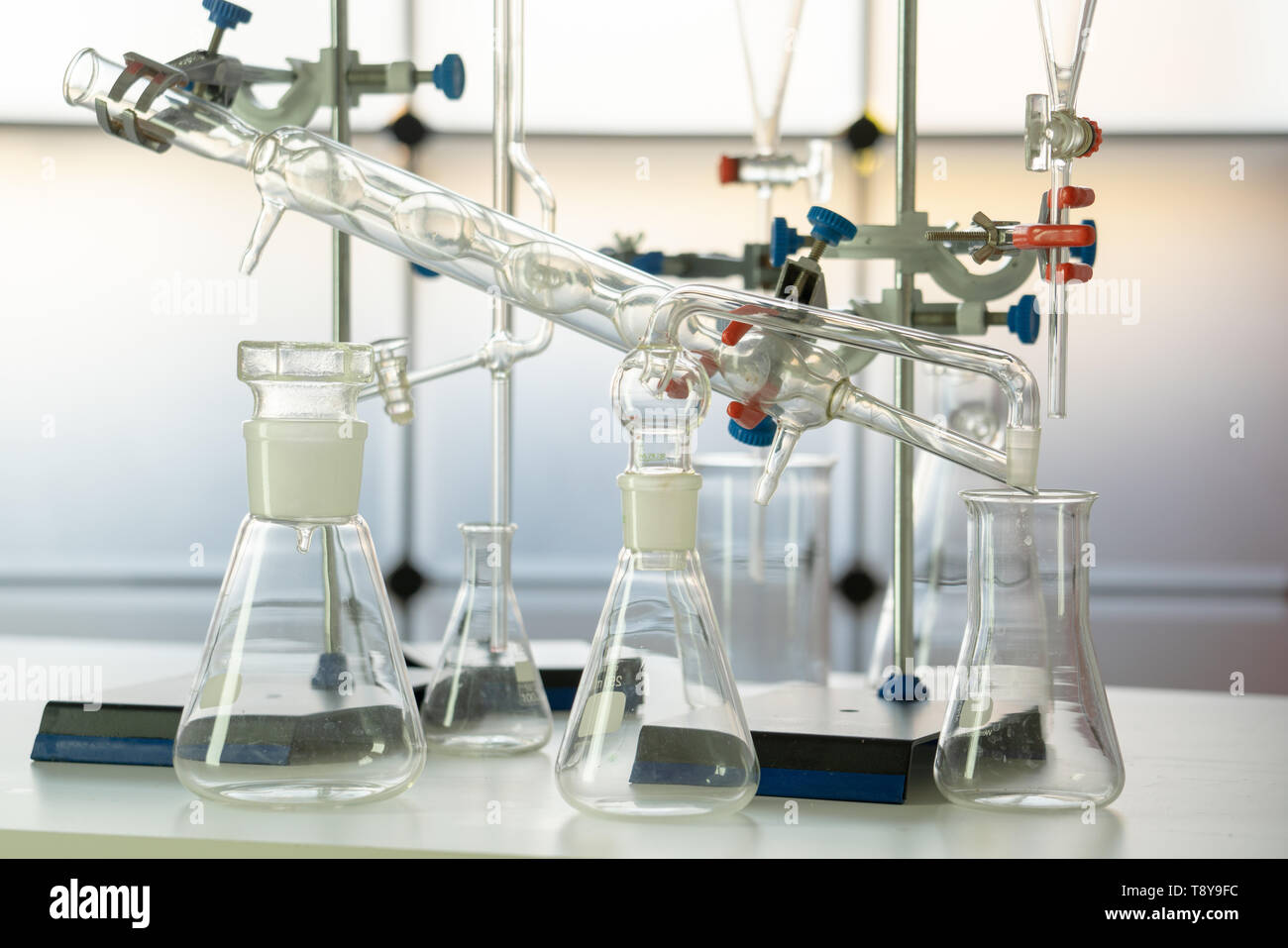 Glass instruments in the laboratory of chemical synthesis Stock Photo ...