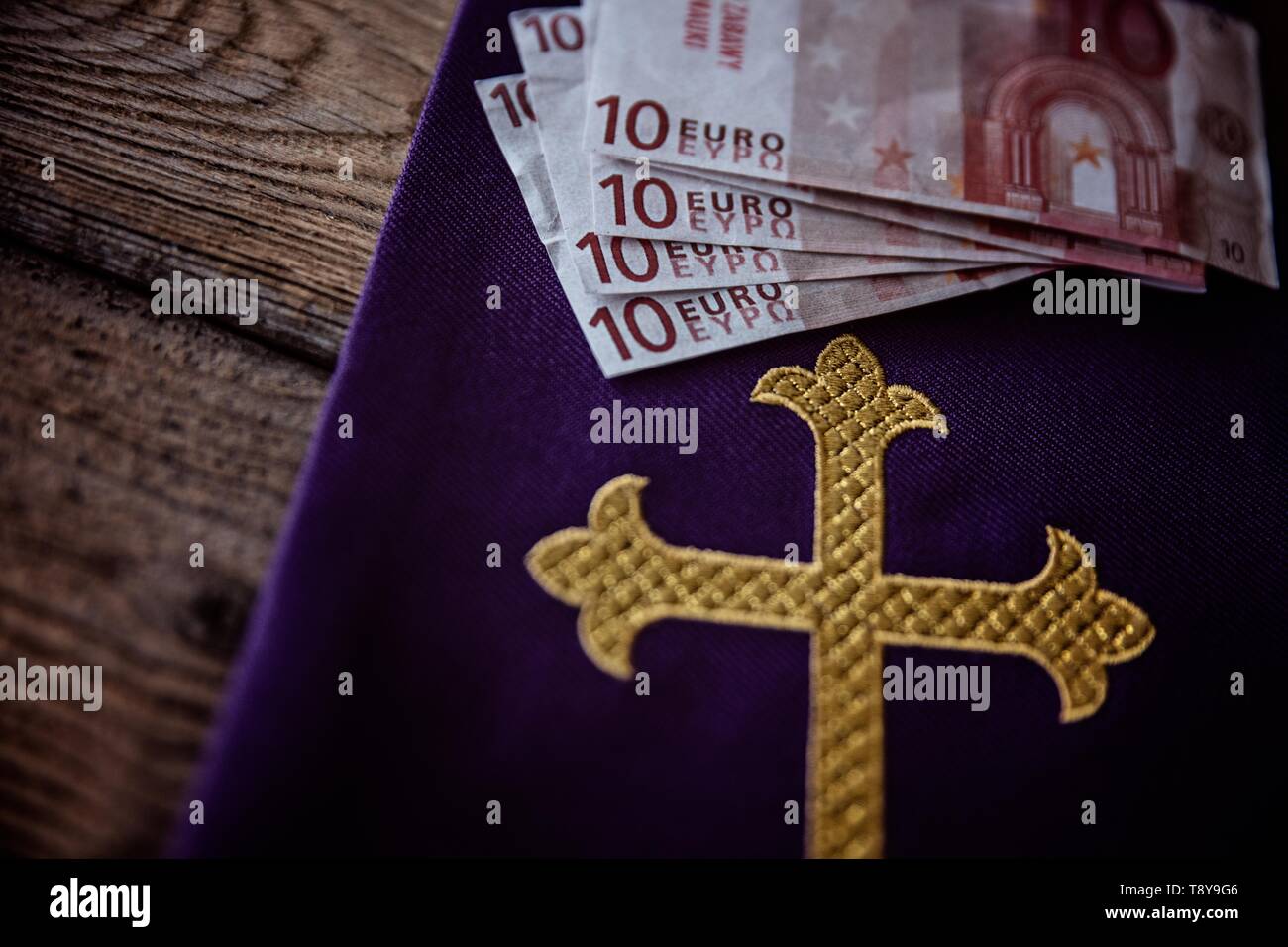 Catholic church symbols and Euro banknotes. Church and money Stock ...