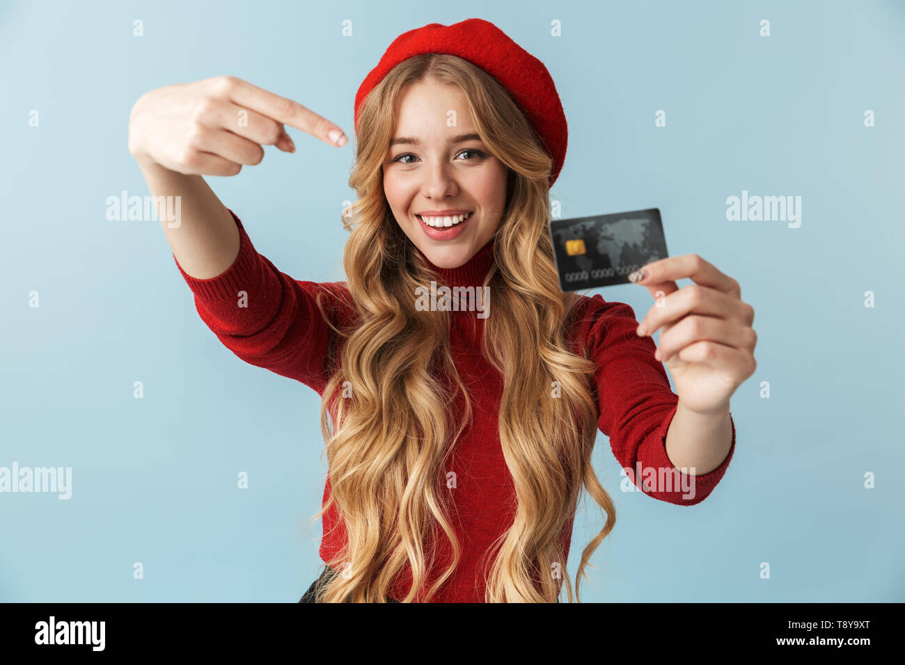 Photo of attractive blond woman 20s wearing red beret holding credit ...
