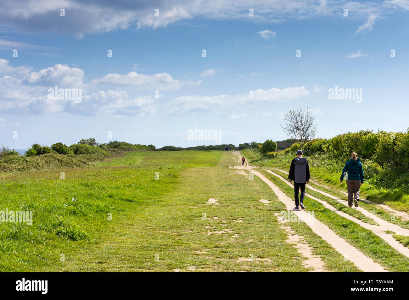 People walking along the coastal pathway leading to Handfast Point on ...