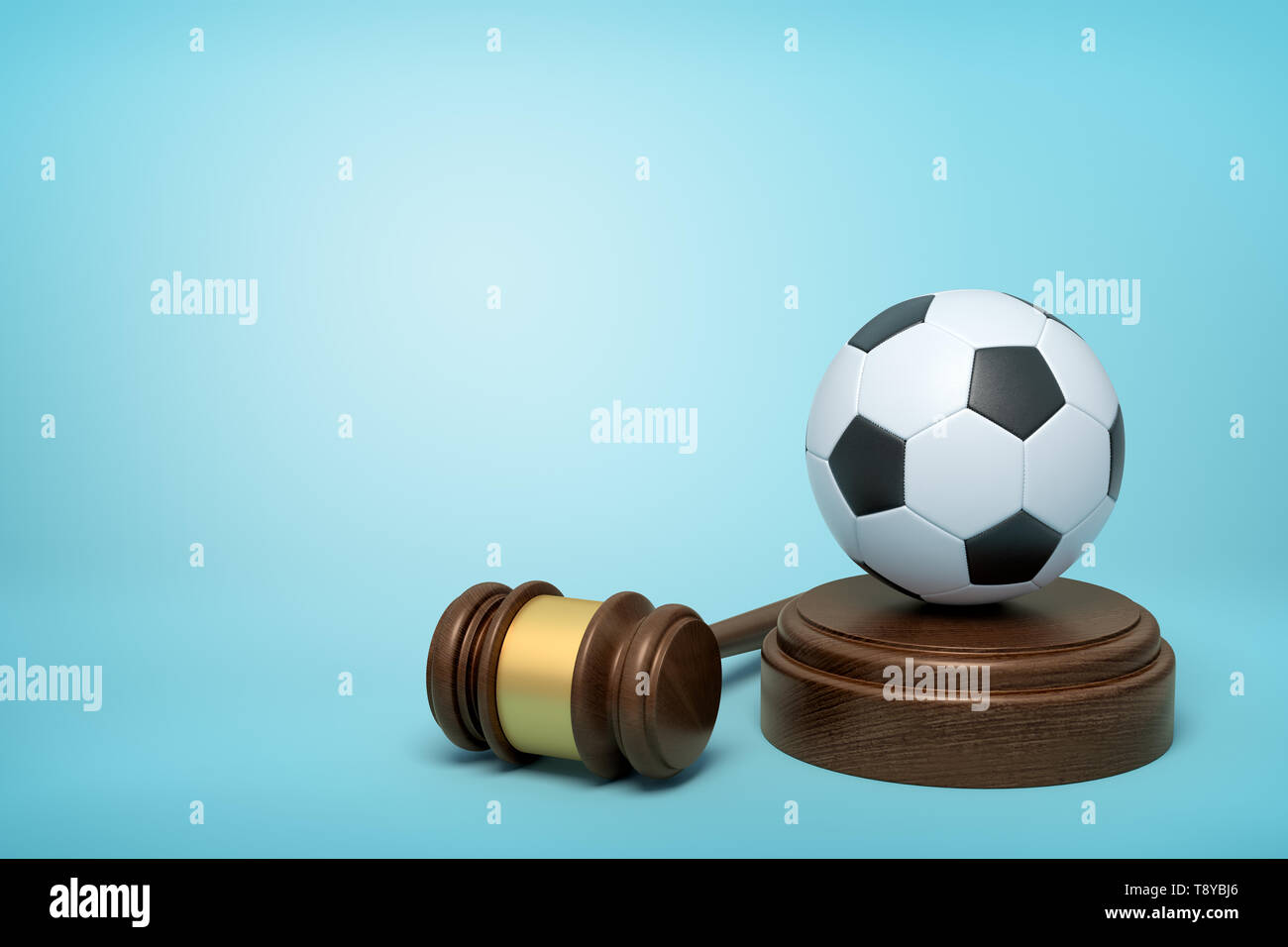 3d rendering of football on sounding block with judge gavel lying ...