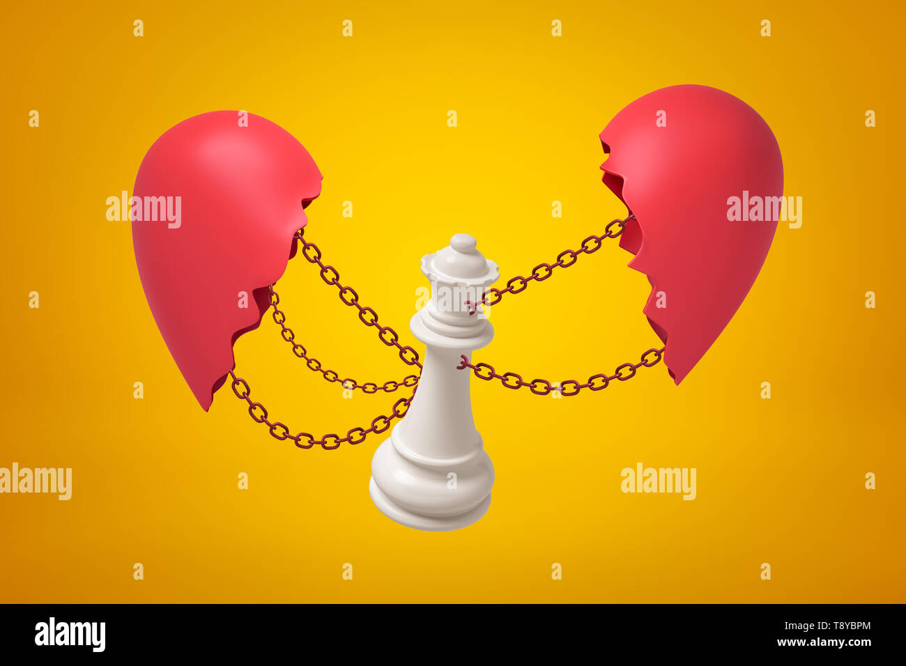3d rendering of white chess queen chained between two broken red heart ...