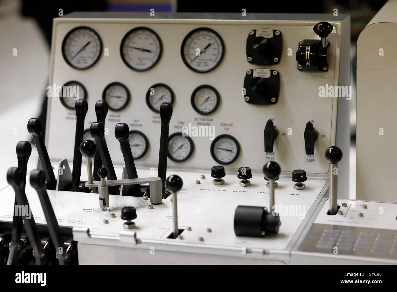 Controls at operation desk of a drilling rig. Selective focus Stock ...