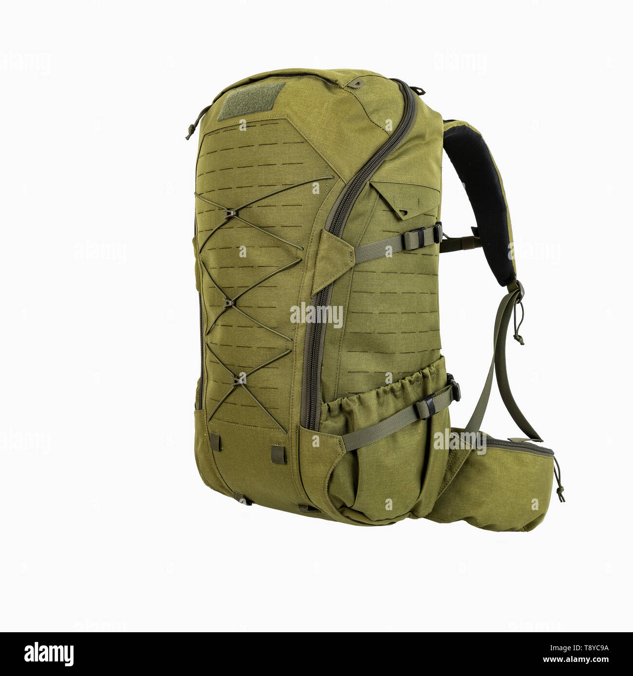 green hiking backpack for hunters camouflage with side pockets on a ...