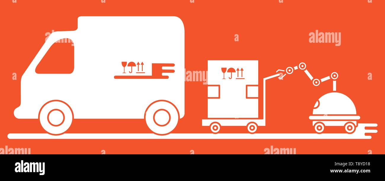 Vector illustration with robot loader loads boxes into a truck ...