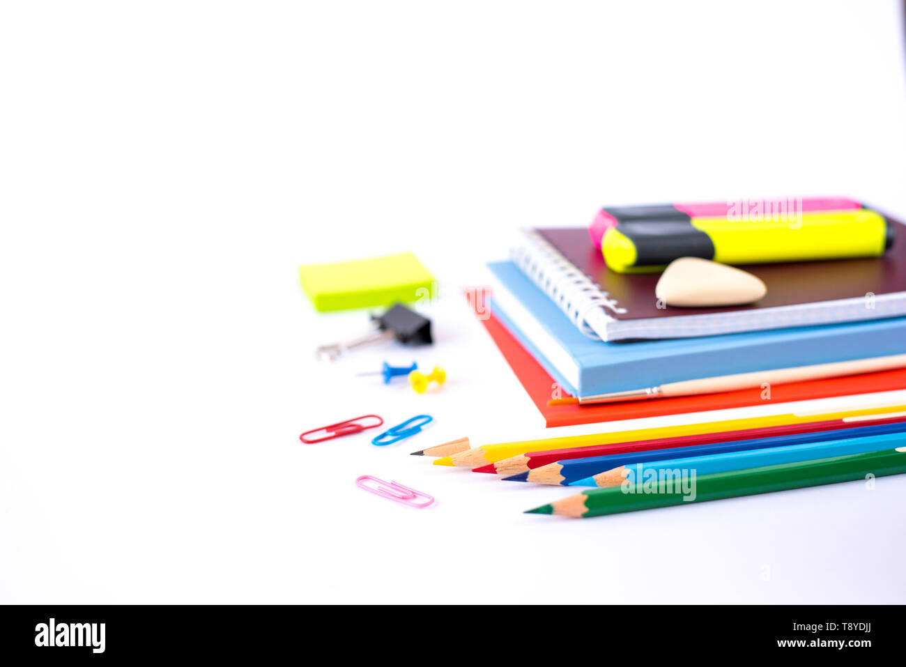School supplies on isolated on white background. Copy space for text ...