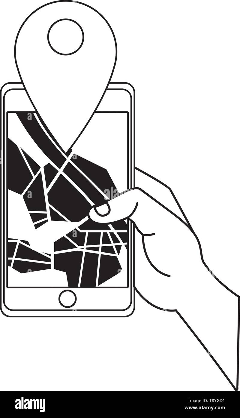 Hand with GPS smartphone cartoon in black and white Stock Vector Image ...