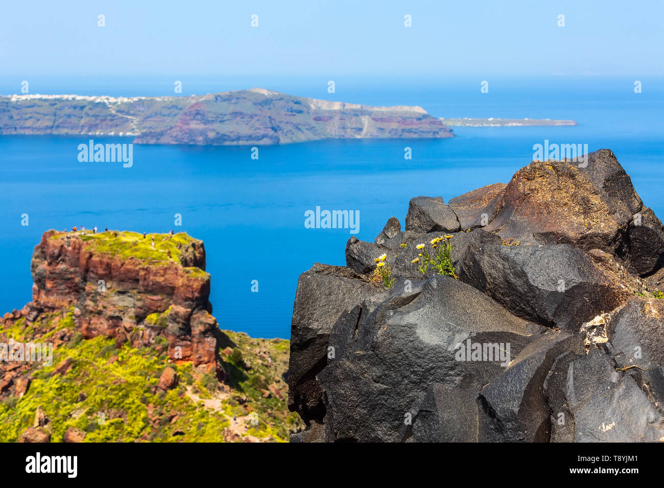 Santorini, Greece panorama with Skaros rock, big volcanic stone and ...