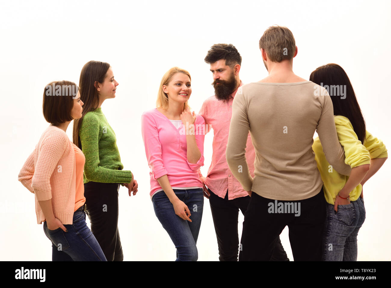 Communication concept. Students, happy friends, couples have fun, white ...