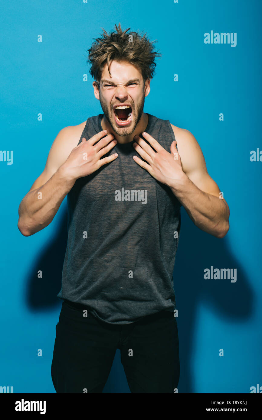 Furious concept. Furious and aggressive. Furious man shout with anger ...