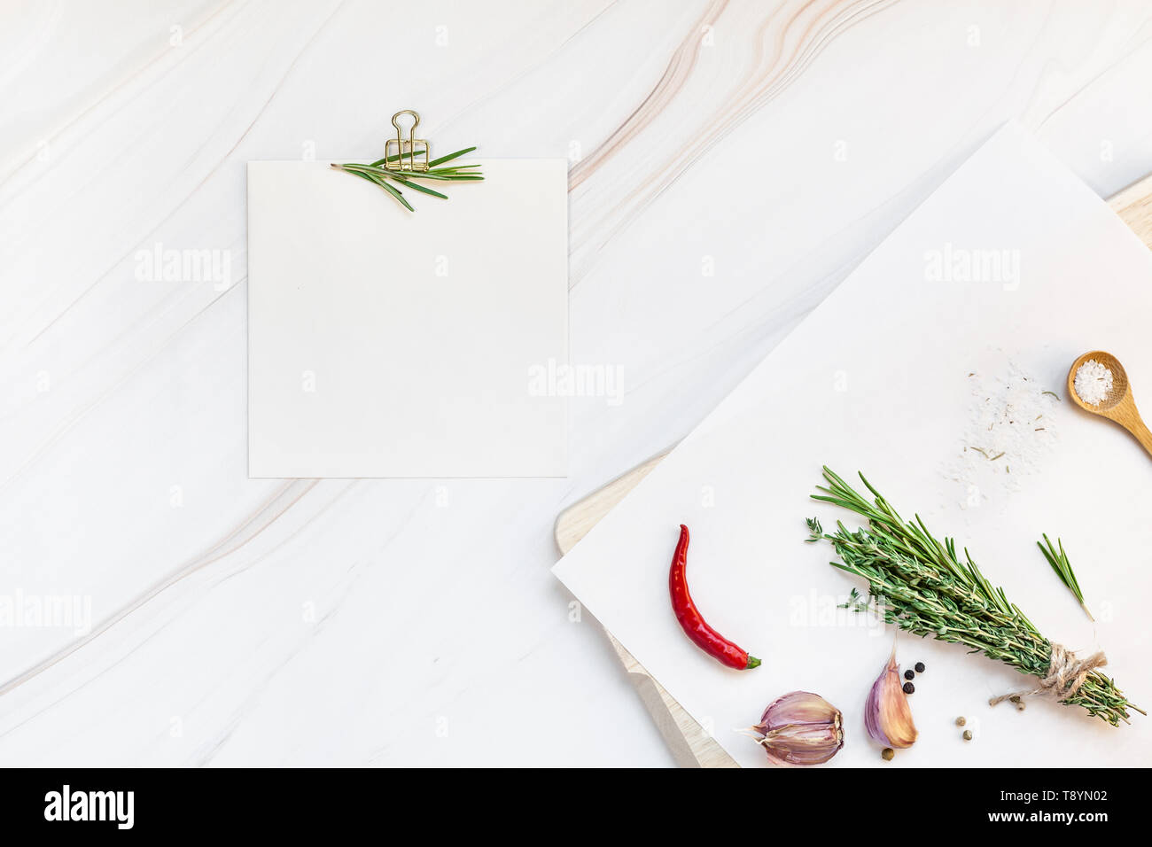 Flat lay overhead view blank recipe paper page with clip mockup text ...