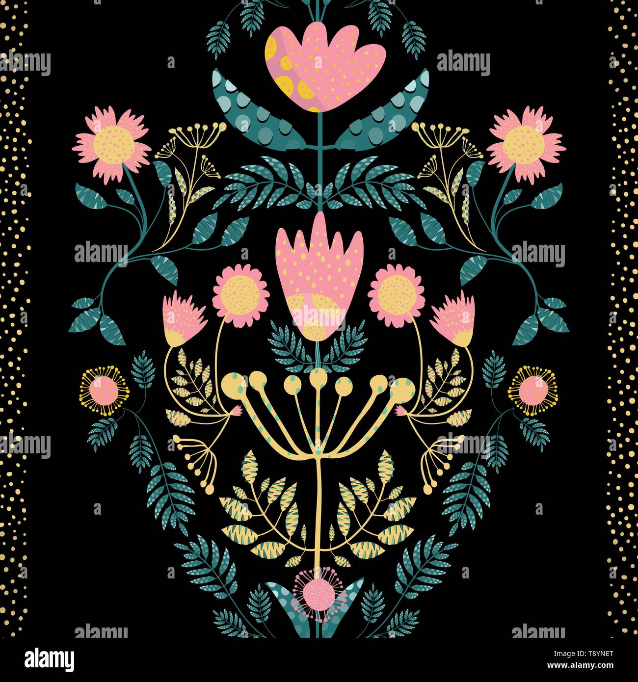 Bohemian style pink, gold flowers and teal leaves. Paper cut out effect ...