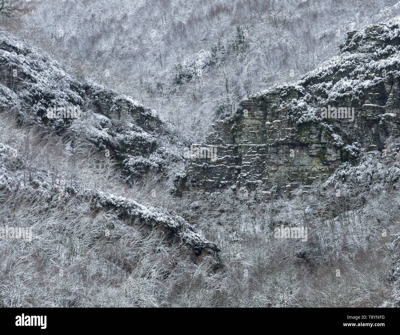 Snow covered shale cliffs under Mount Oribio, in the Courel Mountain ...
