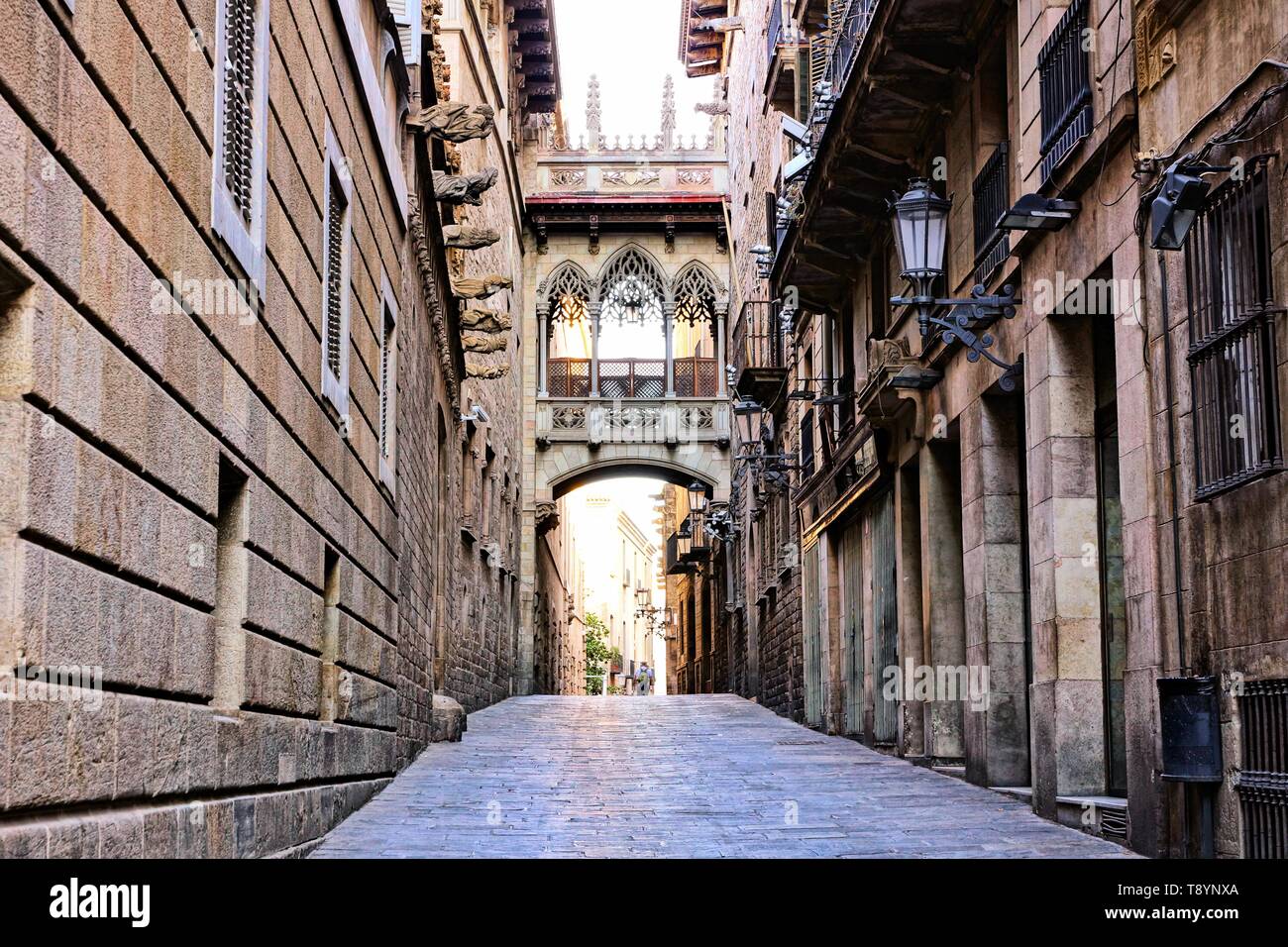 Ornate covered bridge in the Gothic Quarter of old Barcelona, Spain ...