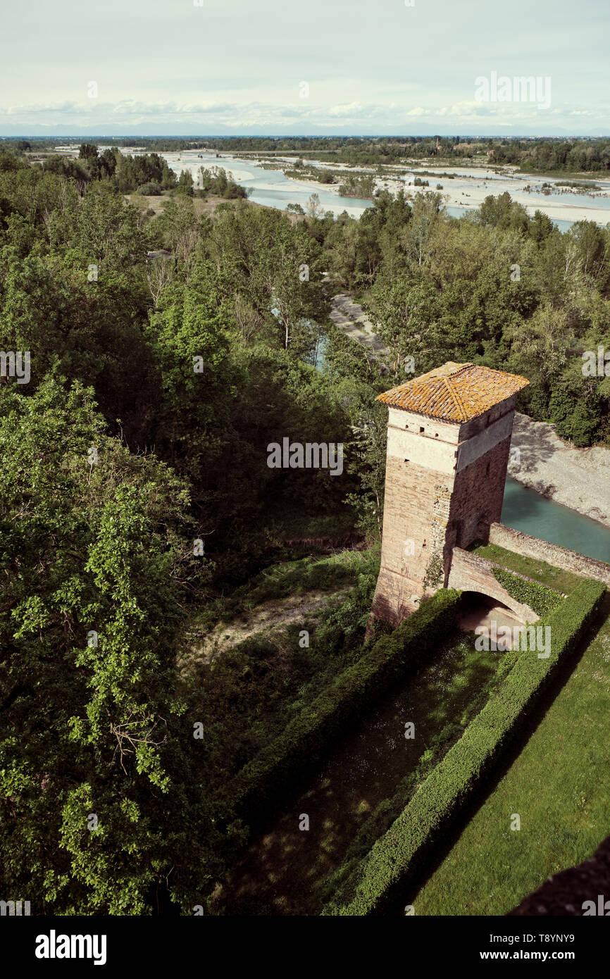 Aerial view of of Rivalta castle and landscape with forest and river ...