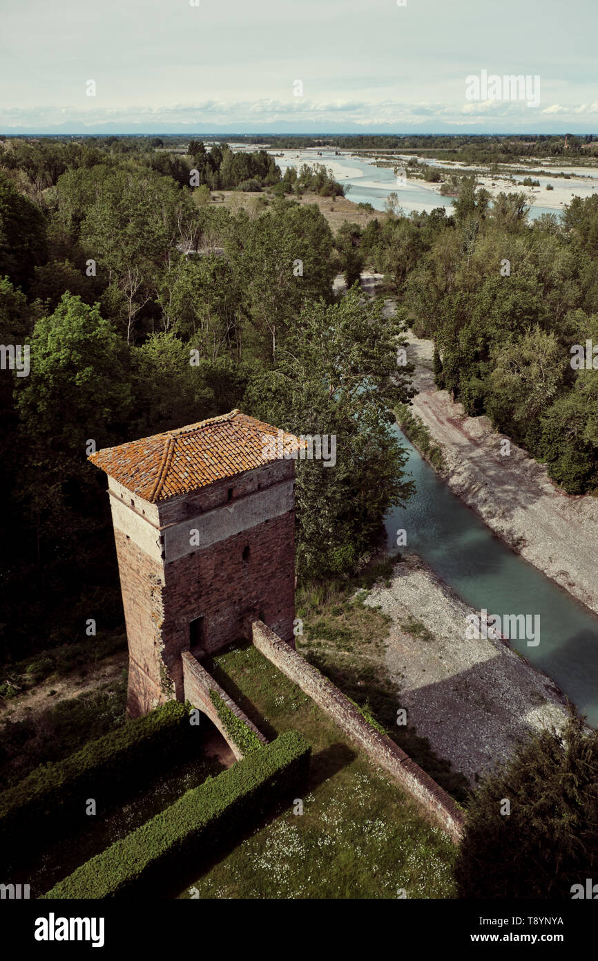 Aerial view of of Rivalta castle and landscape with forest and river ...