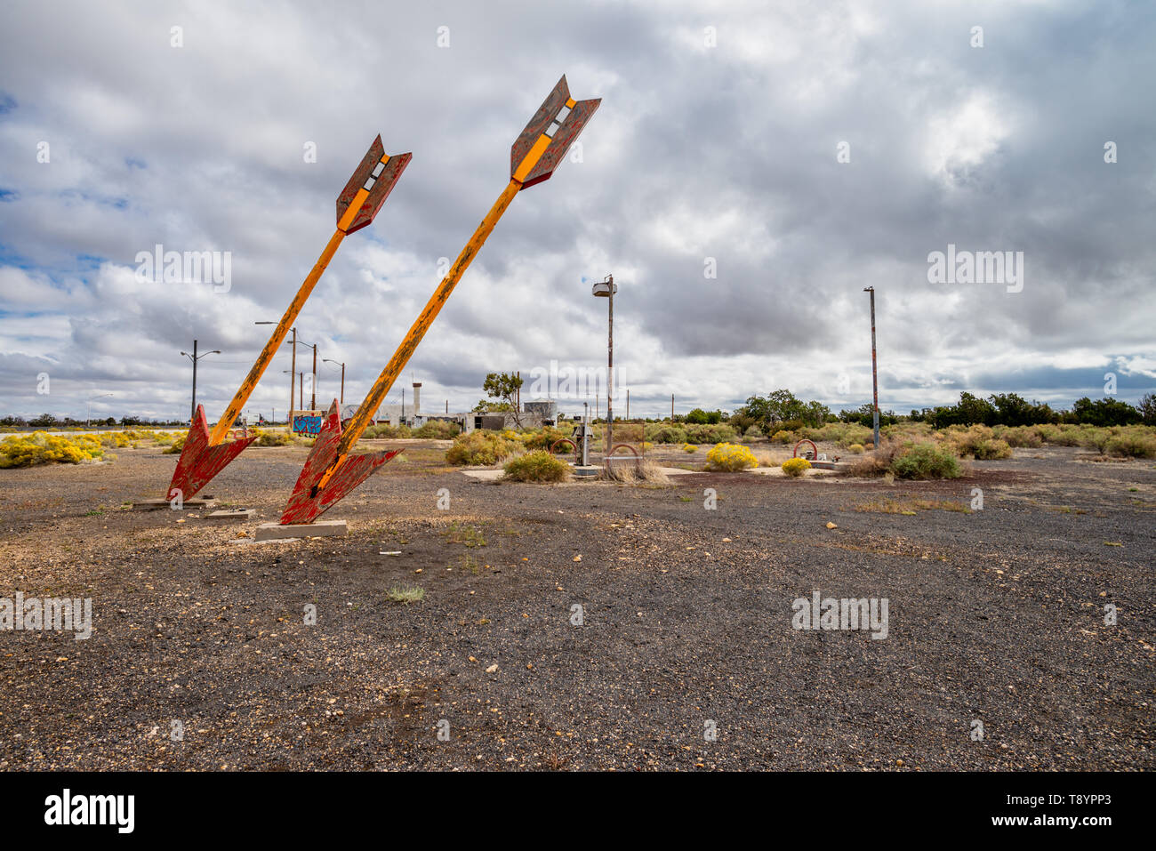 Twin arrows mark the exit for this abandoned gas station on Route 66 ...