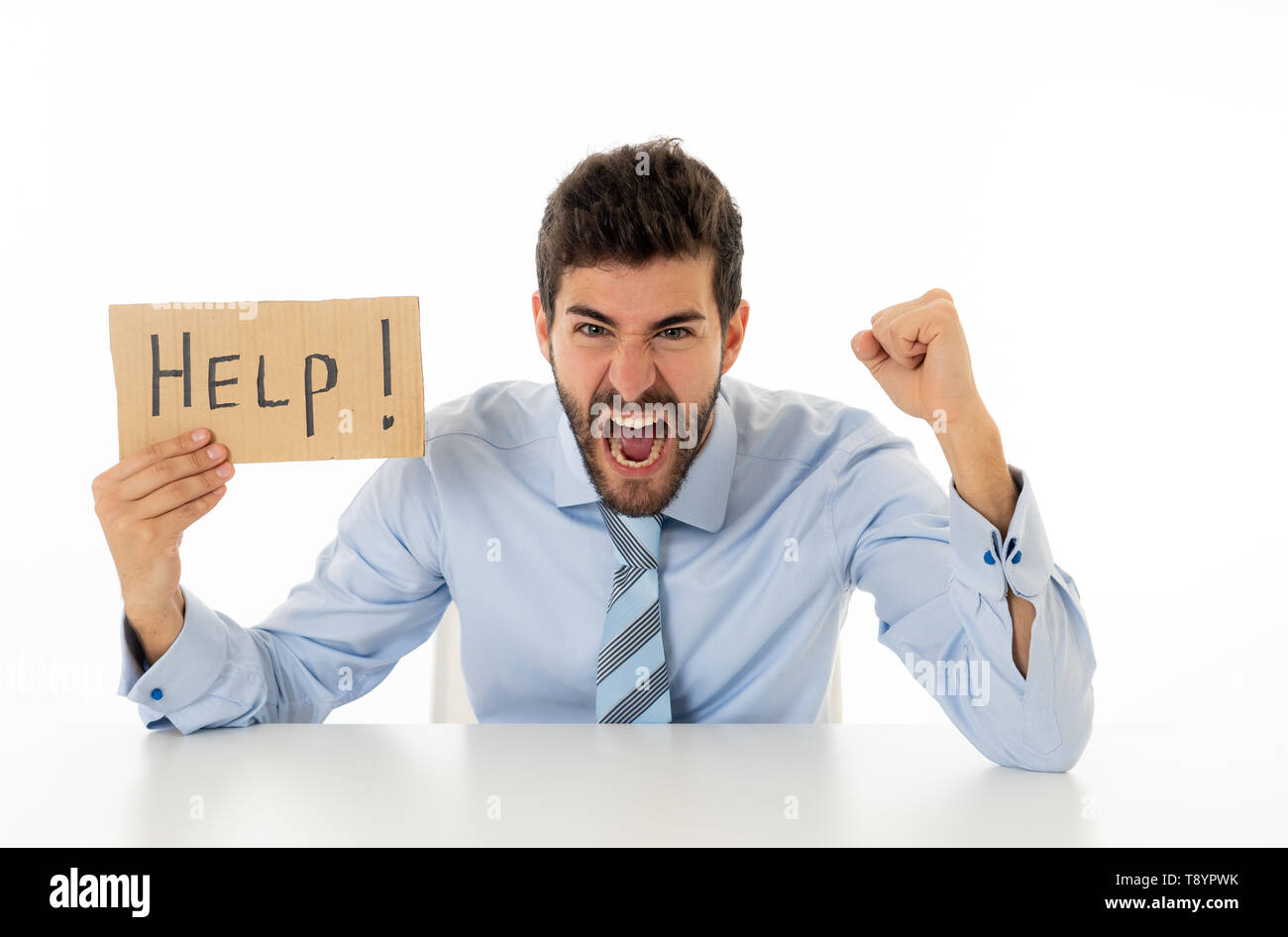 Desperate and frustrated caucasian young businessman holding message ...
