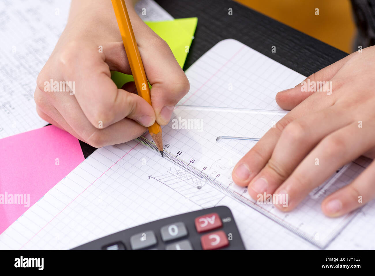 Schoolboy Hands with Ruler Drawing on Paper. Mathematics Concept Stock ...