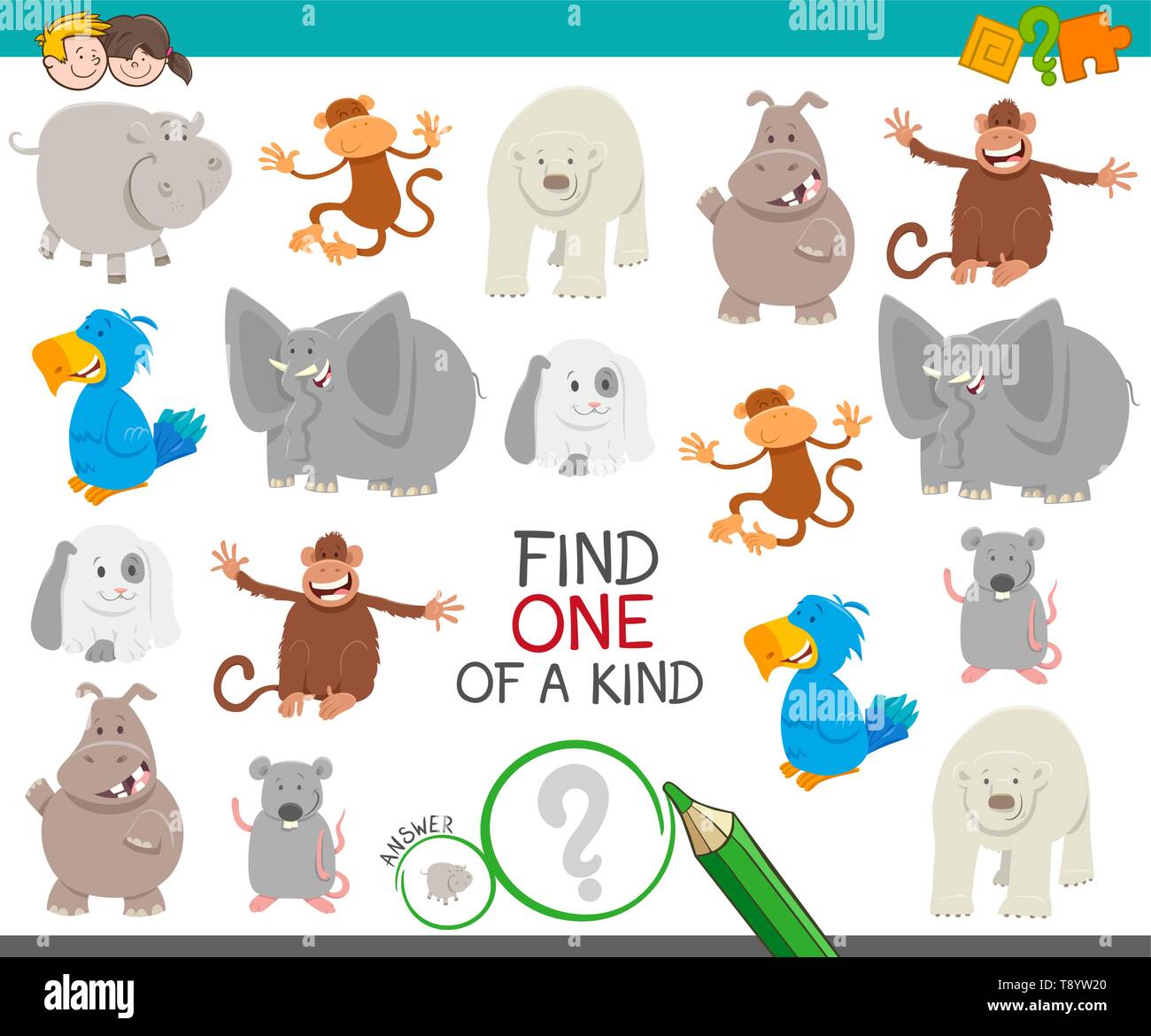 Cartoon Illustration of Find One of a Kind Picture Educational Activity ...