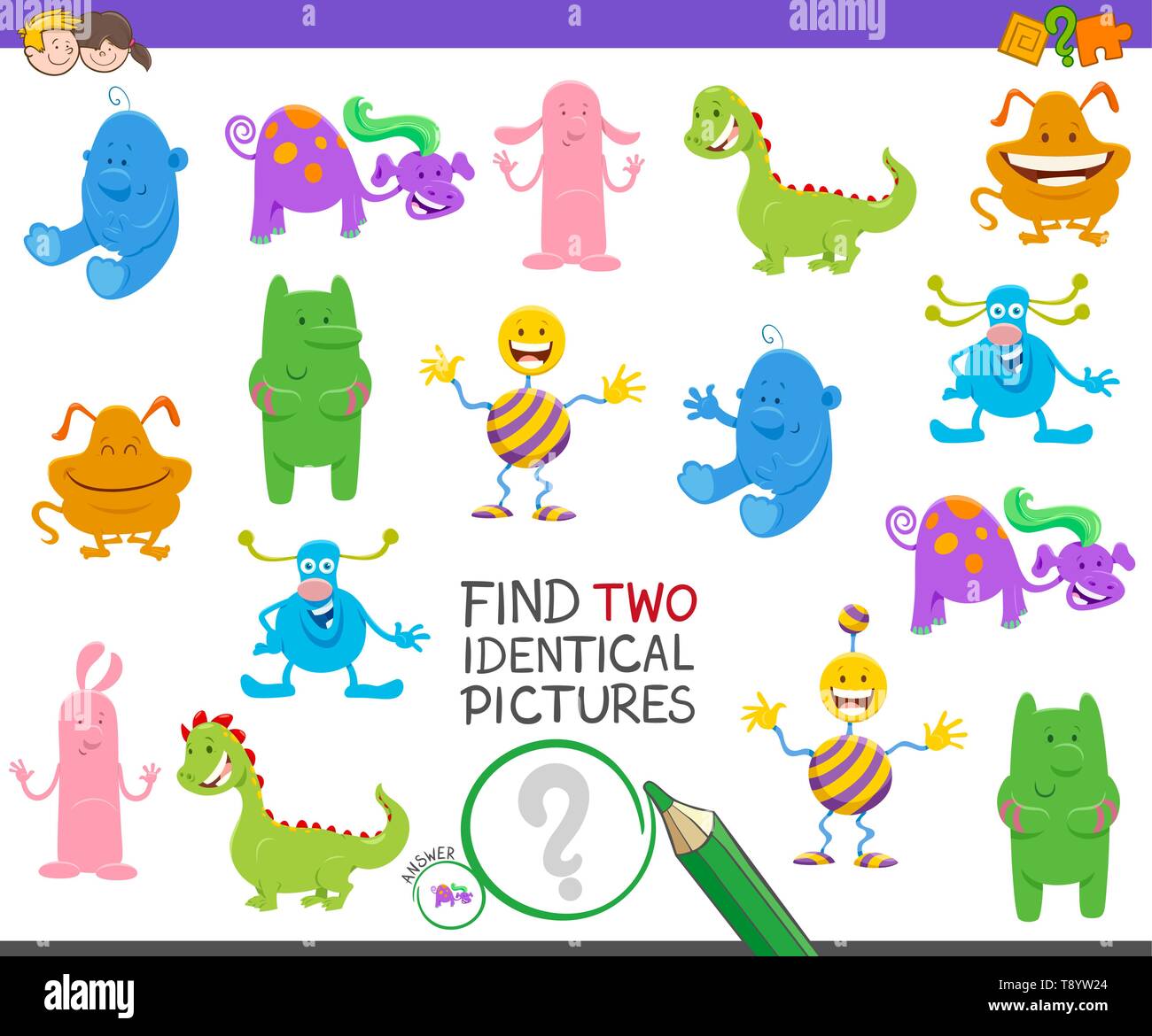 Cartoon Illustration of Finding Two Identical Pictures Educational Game ...