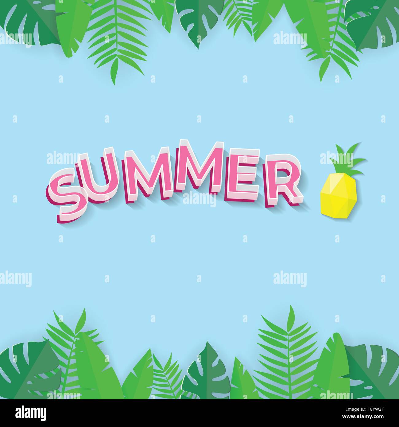 Summer background - text tropical leafs and pineapple - paper art ...