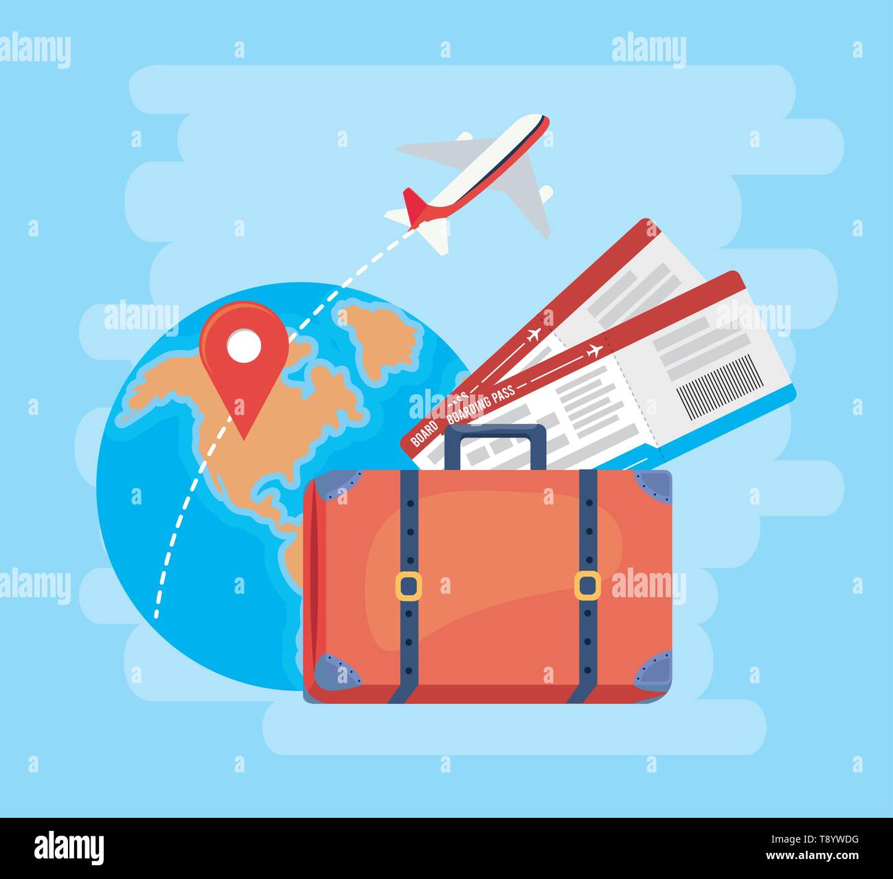 global map with location signs and airplane vector illustration Stock ...