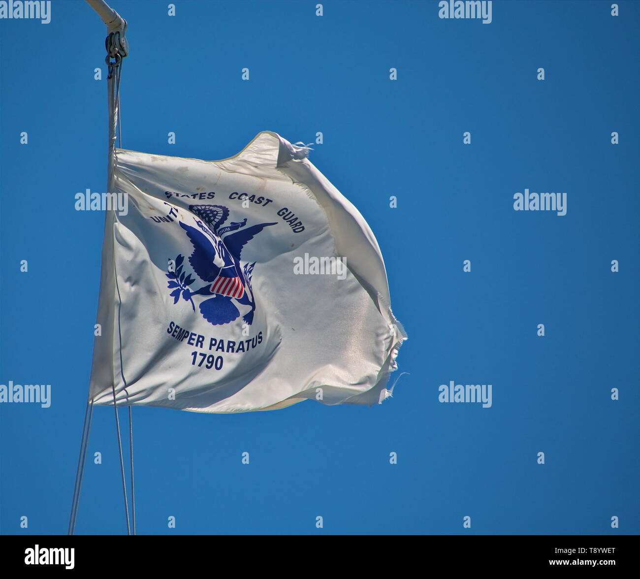 The United States Coast Guard Flag Blowing on a Blue Sky Stock Photo ...