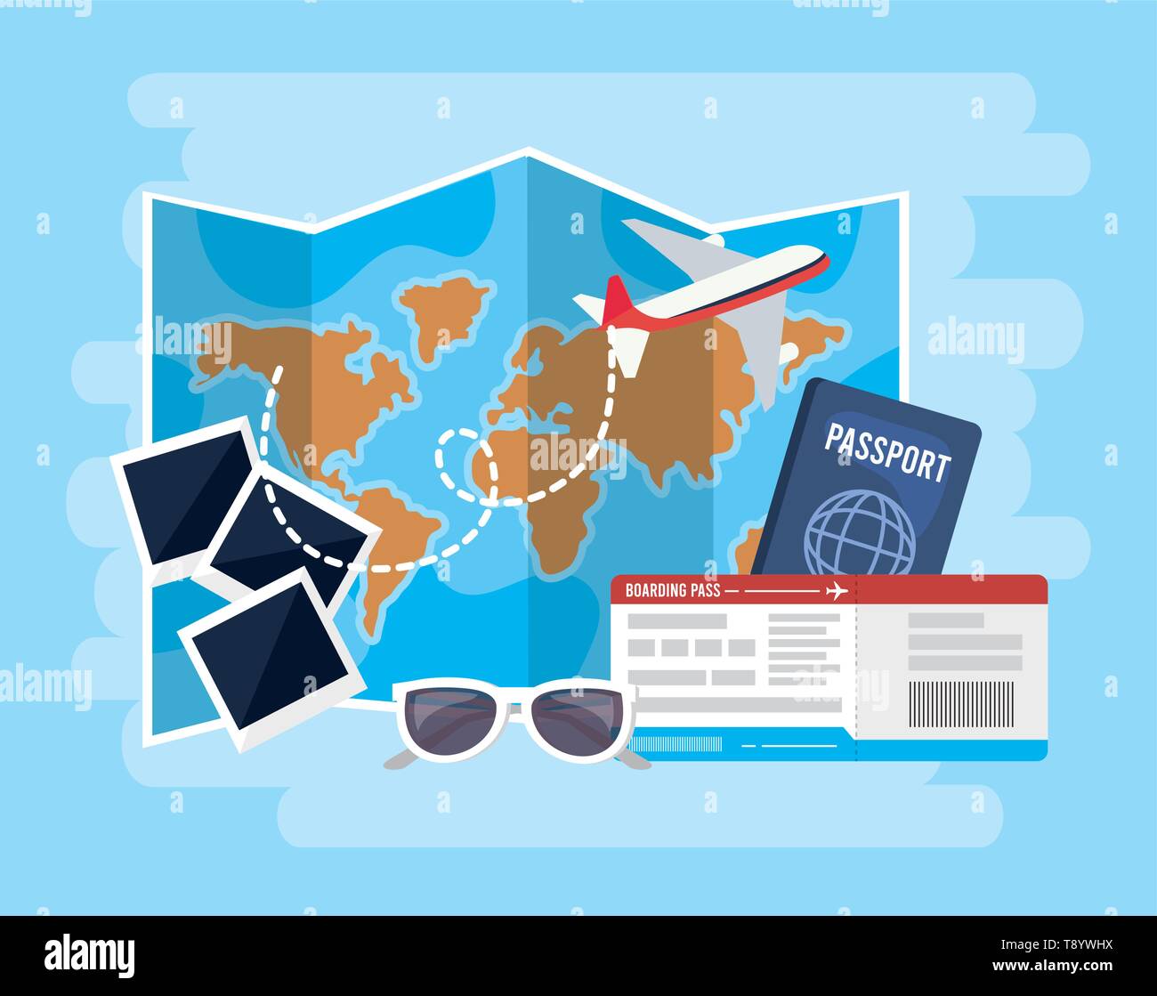 global map with airplane and passport with tickets vector illustration ...
