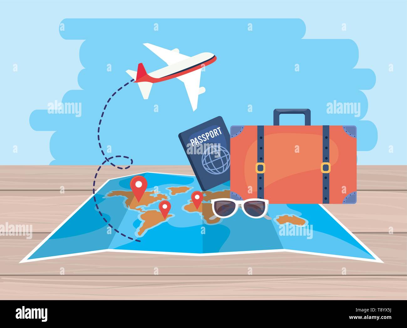 global map locations with airplane and passport vector illustration ...